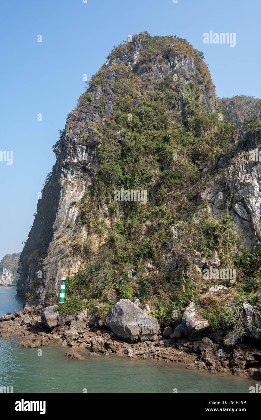 Halong Bay with limestone cliffs and boats in the Gulf of Tonkin north ...