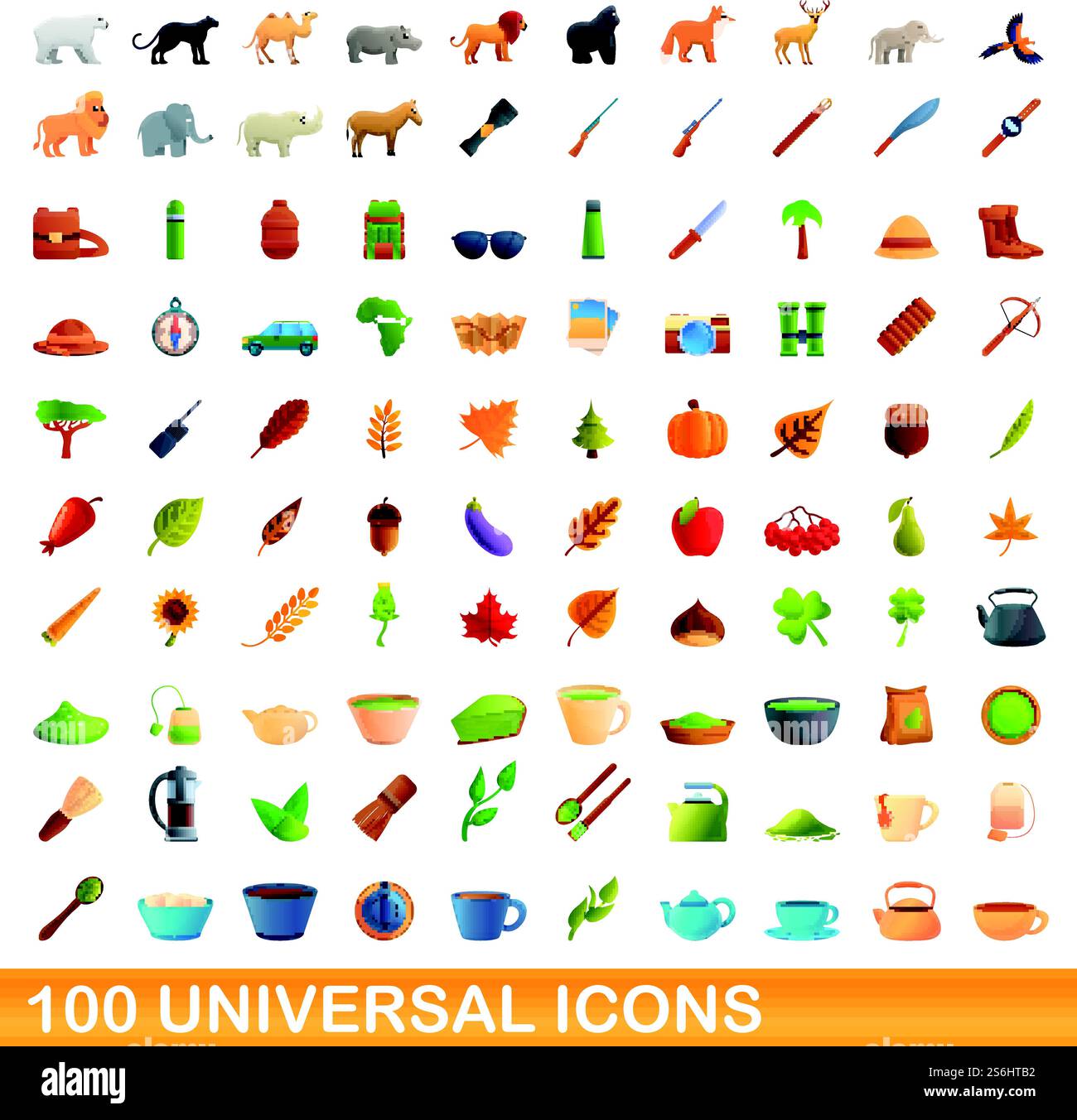 100 universal icons set. Cartoon illustration of 100 universal icons ...