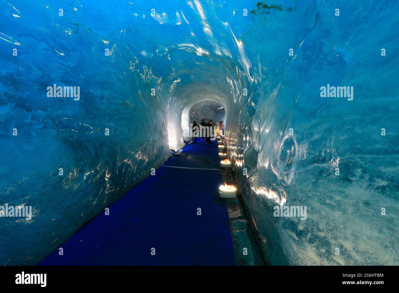 Illuminated ice cave inside the Mer de Glace glacier, Montenvers ...