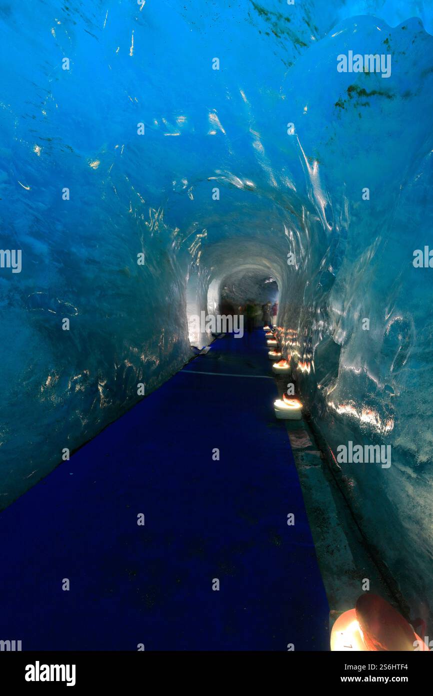 Illuminated ice cave inside the Mer de Glace glacier, Montenvers ...