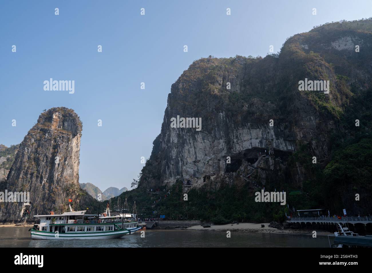 Halong Bay with limestone cliffs and boats in the Gulf of Tonkin north ...