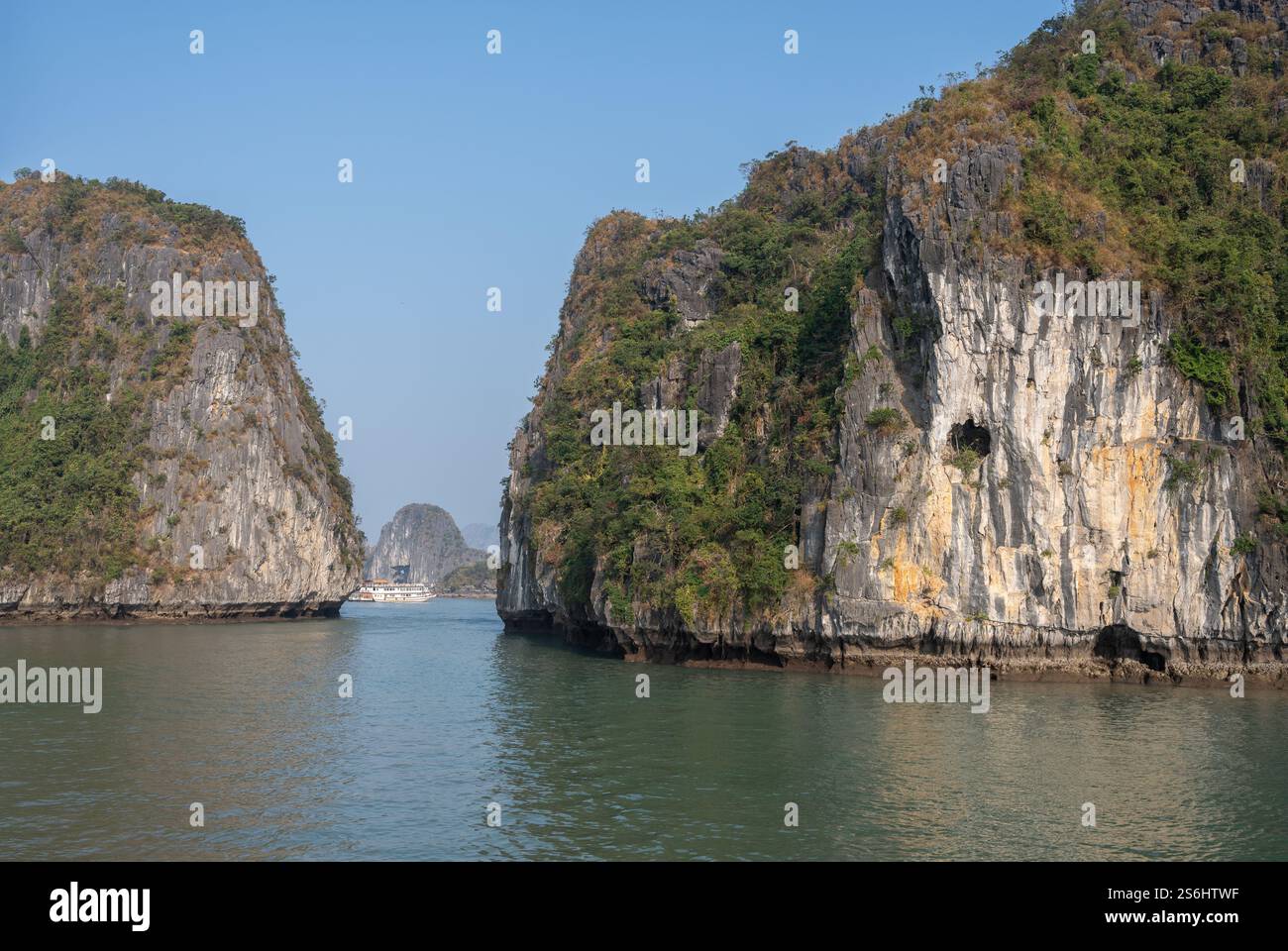 Halong Bay with limestone cliffs and boats in the Gulf of Tonkin north ...