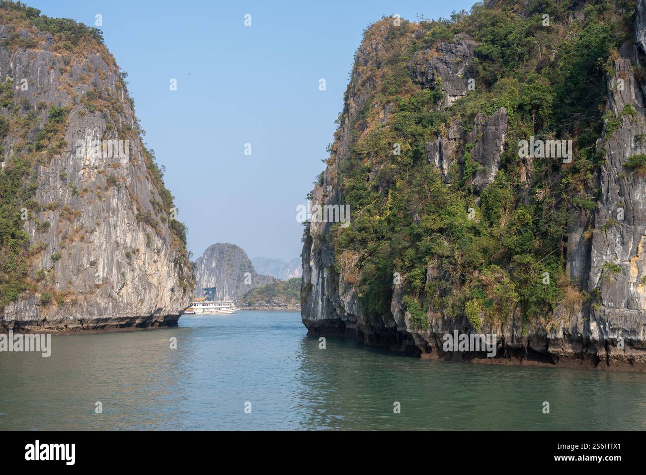 Halong Bay with limestone cliffs and boats in the Gulf of Tonkin north ...