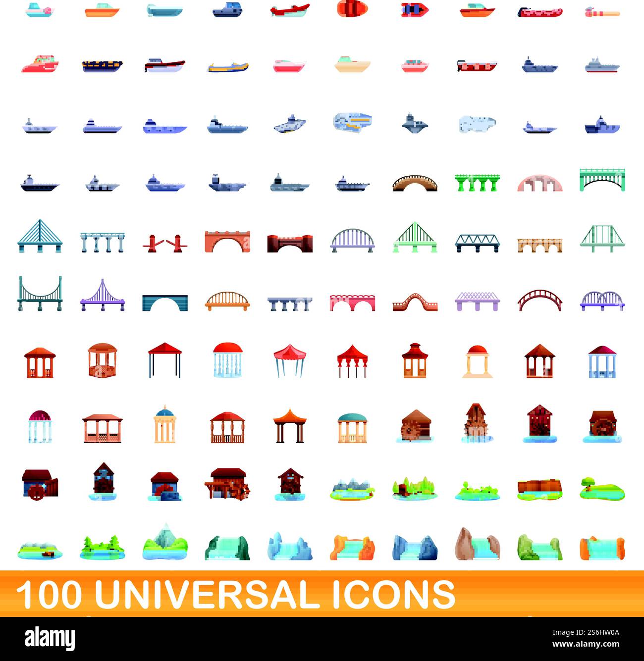 100 universal icons set. Cartoon illustration of 100 universal icons ...