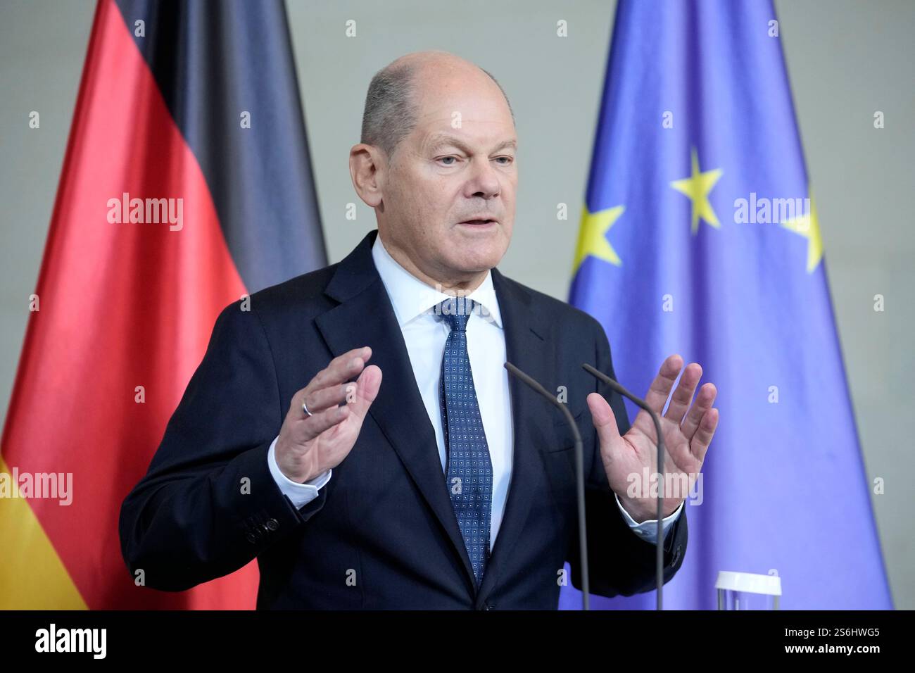 German Chancellor Olaf Scholz speaks during a joint press conference ...