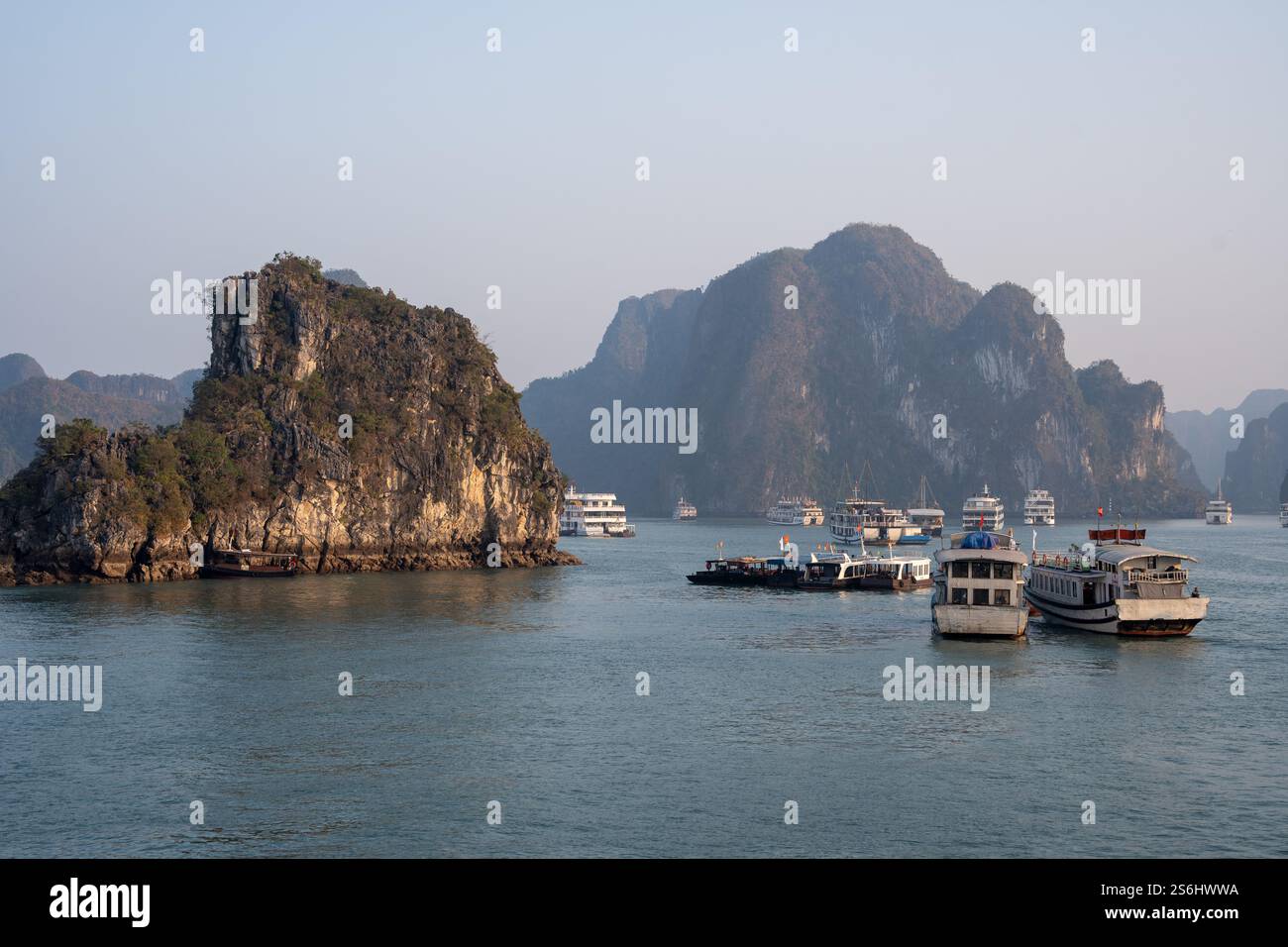 Halong Bay with limestone cliffs and boats in the Gulf of Tonkin north ...