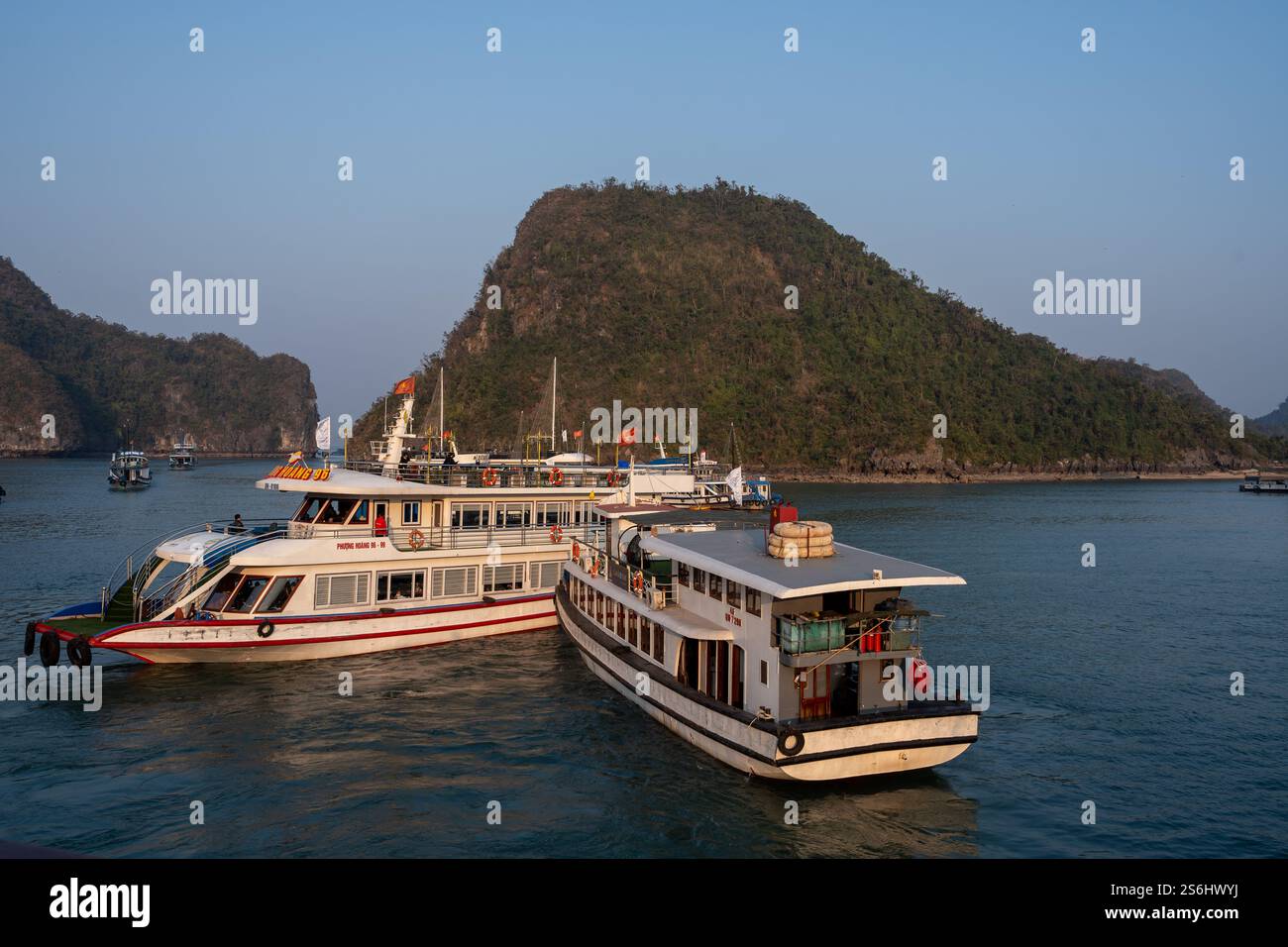 Halong Bay with limestone cliffs and boats in the Gulf of Tonkin north ...