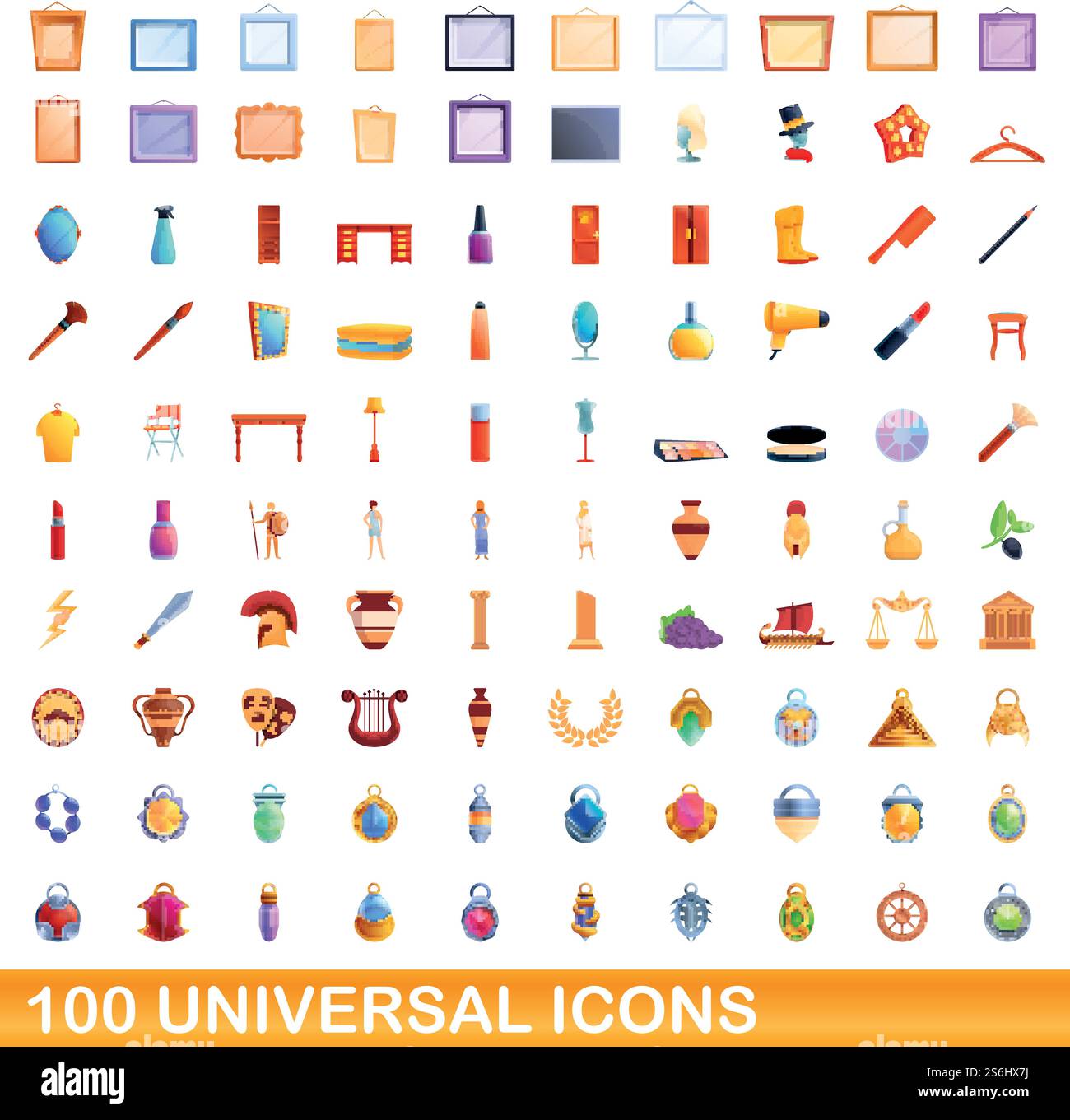 100 universal icons set. Cartoon illustration of 100 universal icons ...
