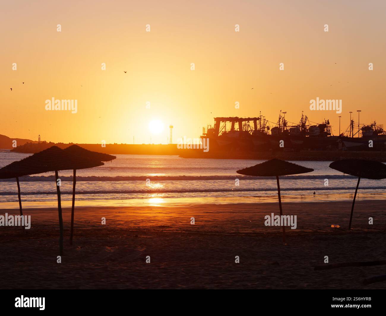 Parasols on the beach at sunset with Shipyard behind in Essaouira ...