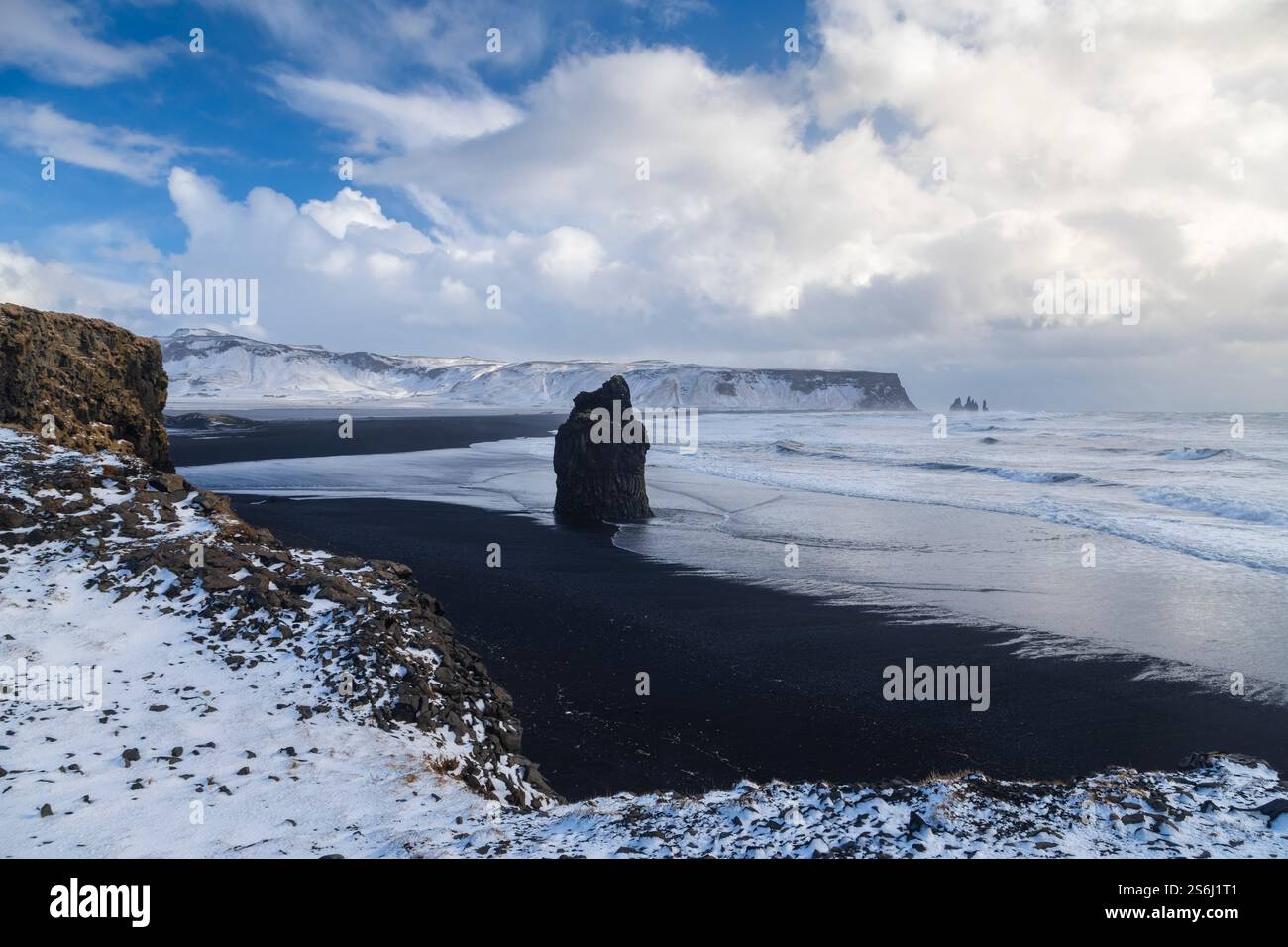 View of at sunset in winter at Reynisfjara beach with Arnardrangur ...