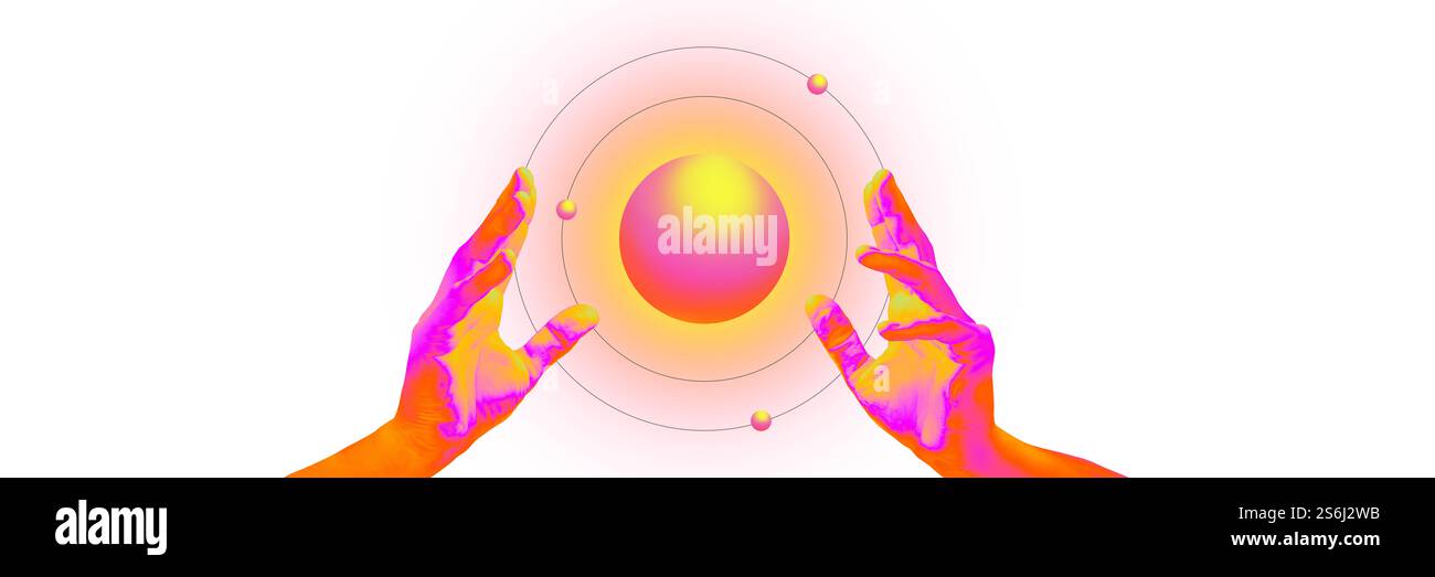 Flyer. Creative art design. Hands framing glowing sphere surrounded by ...
