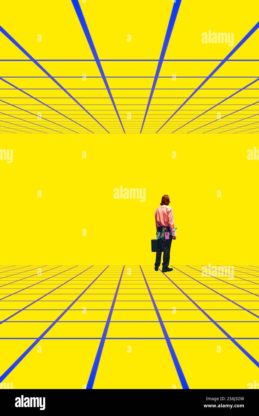 Modern artwork. Single figure walking into bright geometric grid space ...