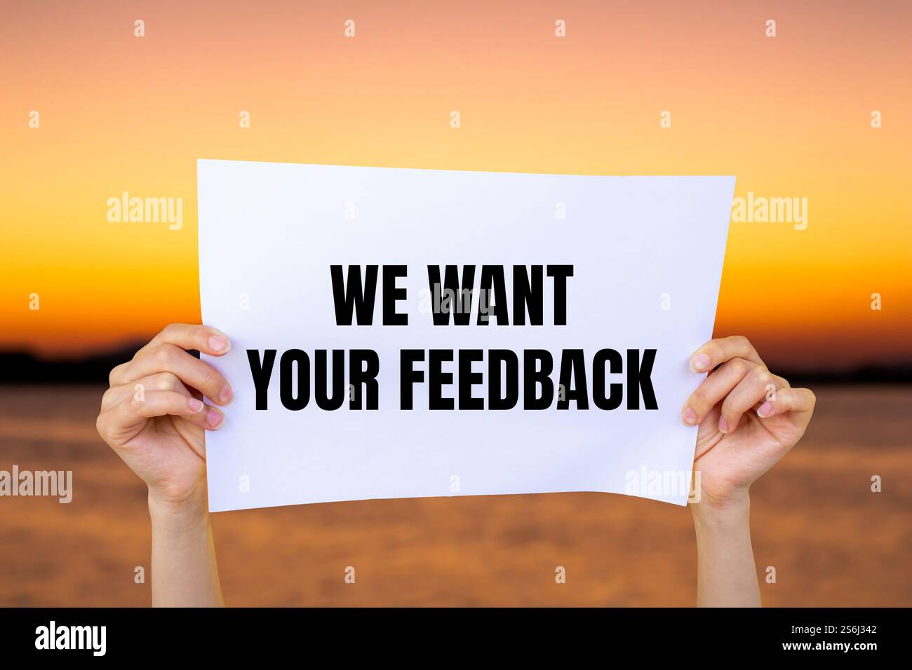 We want your feedback message written on white paper with blurry lake ...