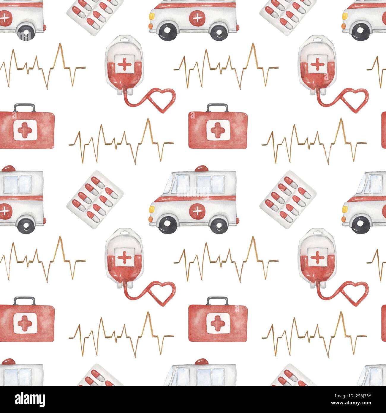 watercolor cute first aid car, and medicine elements seamless pattern ...