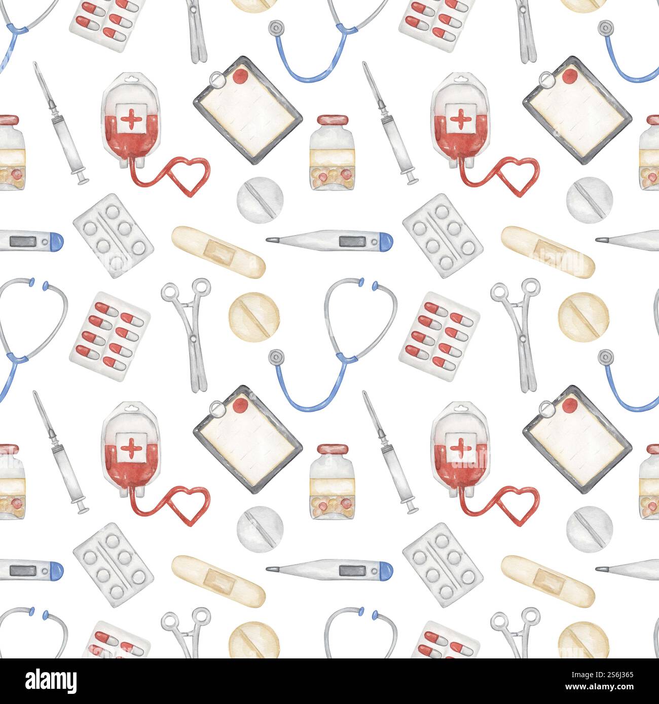 watercolor cute first aid objects illustration and medicine elements seamless pattern, heartbeat ...