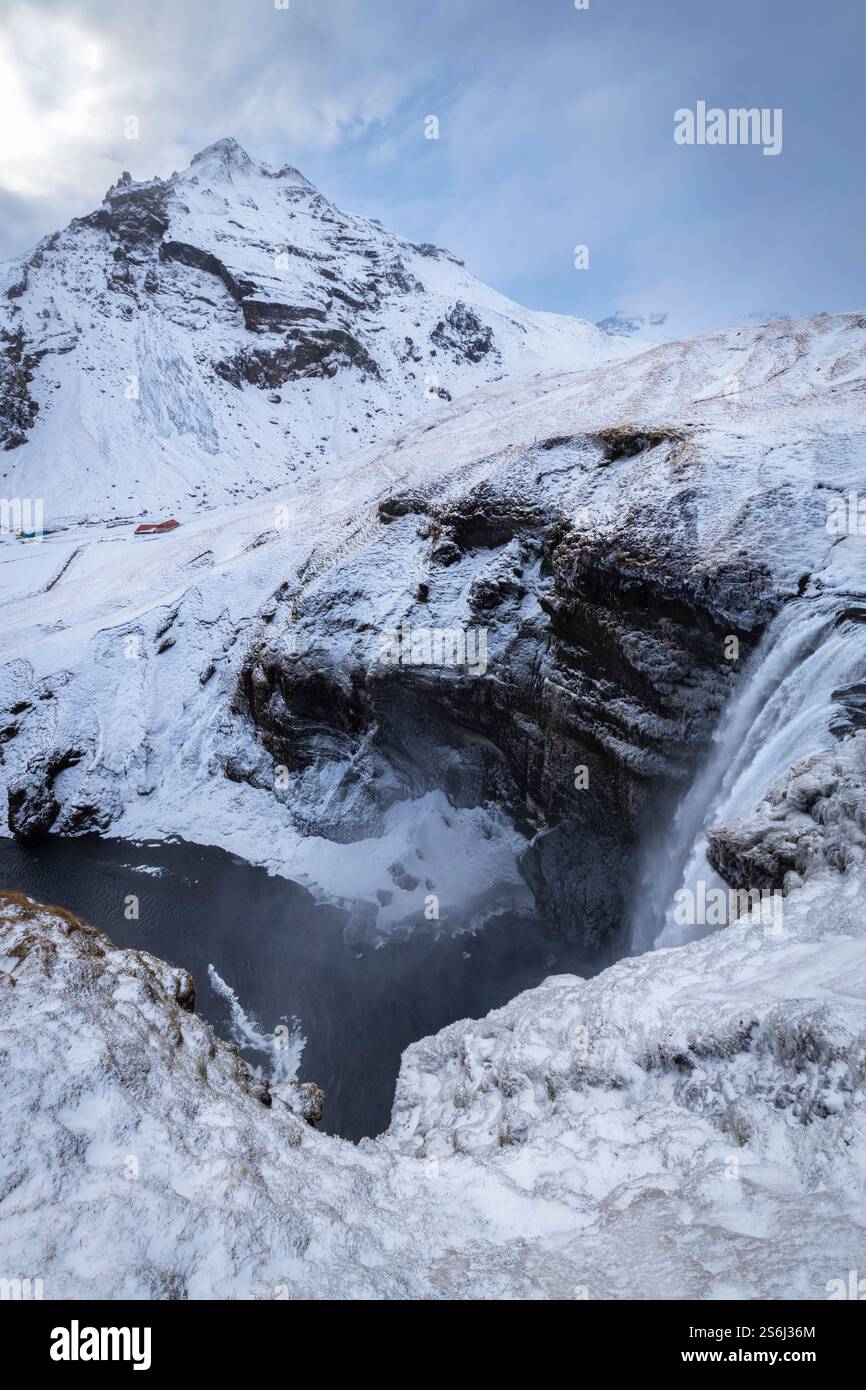 View of the huge Skogafoss waterfall in winter. Skogar, Sudurland ...