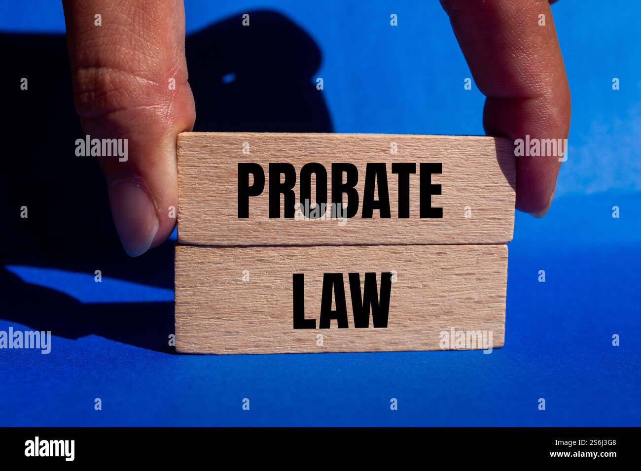 Probate law message written on wooden blocks with blue background. Conceptual probate law symbol ...