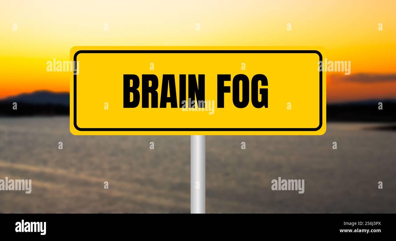 Brain fog message written on yellow sign with blurry lake background ...