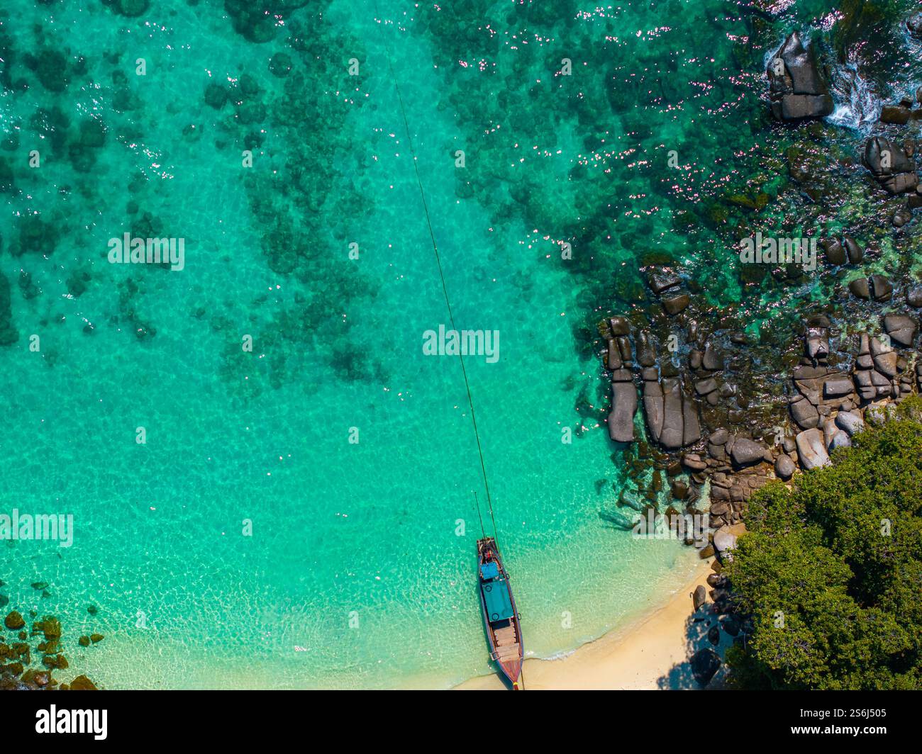 Aerial View of Secluded Beach with Longtail Boat in Thailand Stock ...