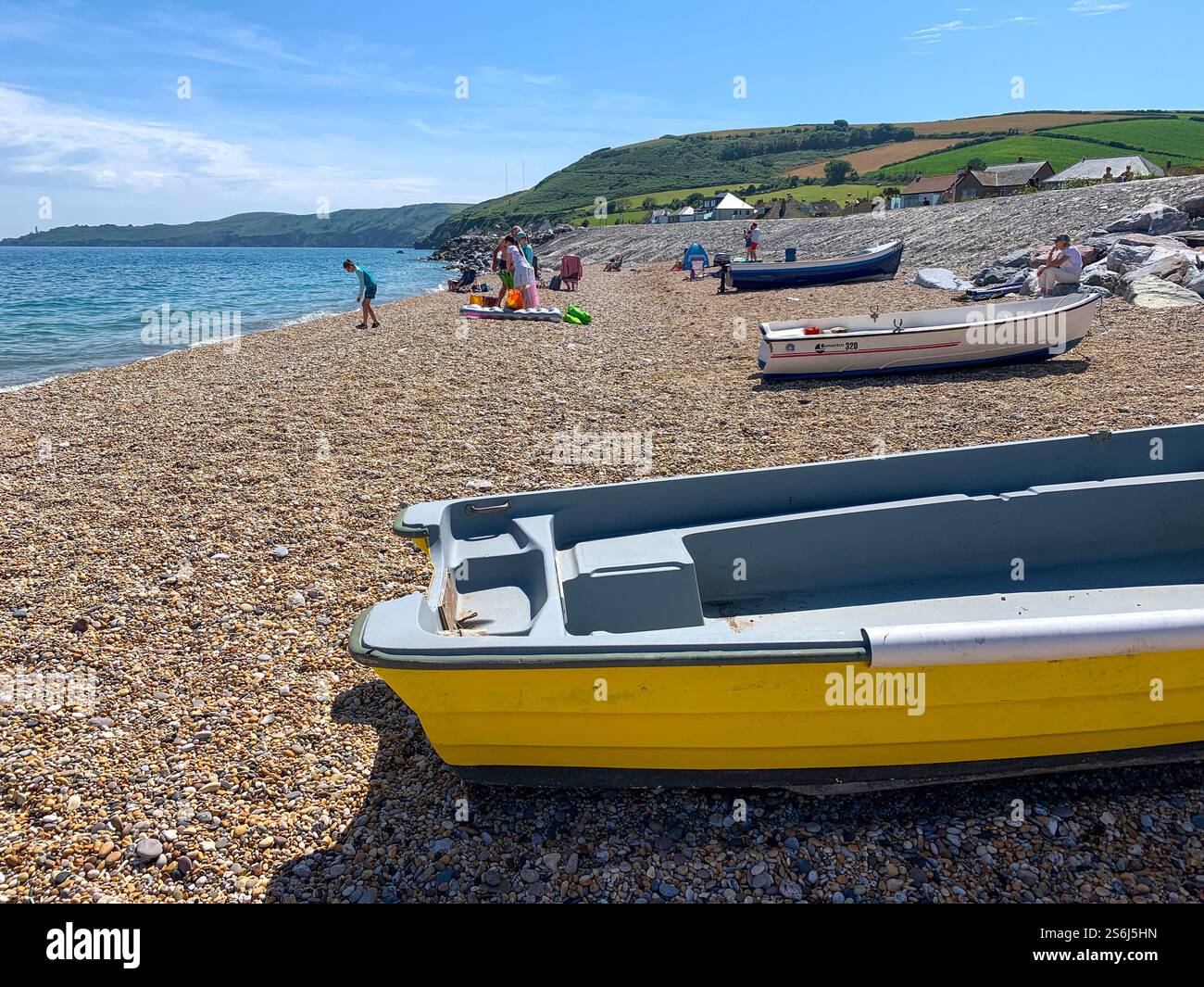 The beautiful shingle beach at Beesands on a sunny summers day, South ...