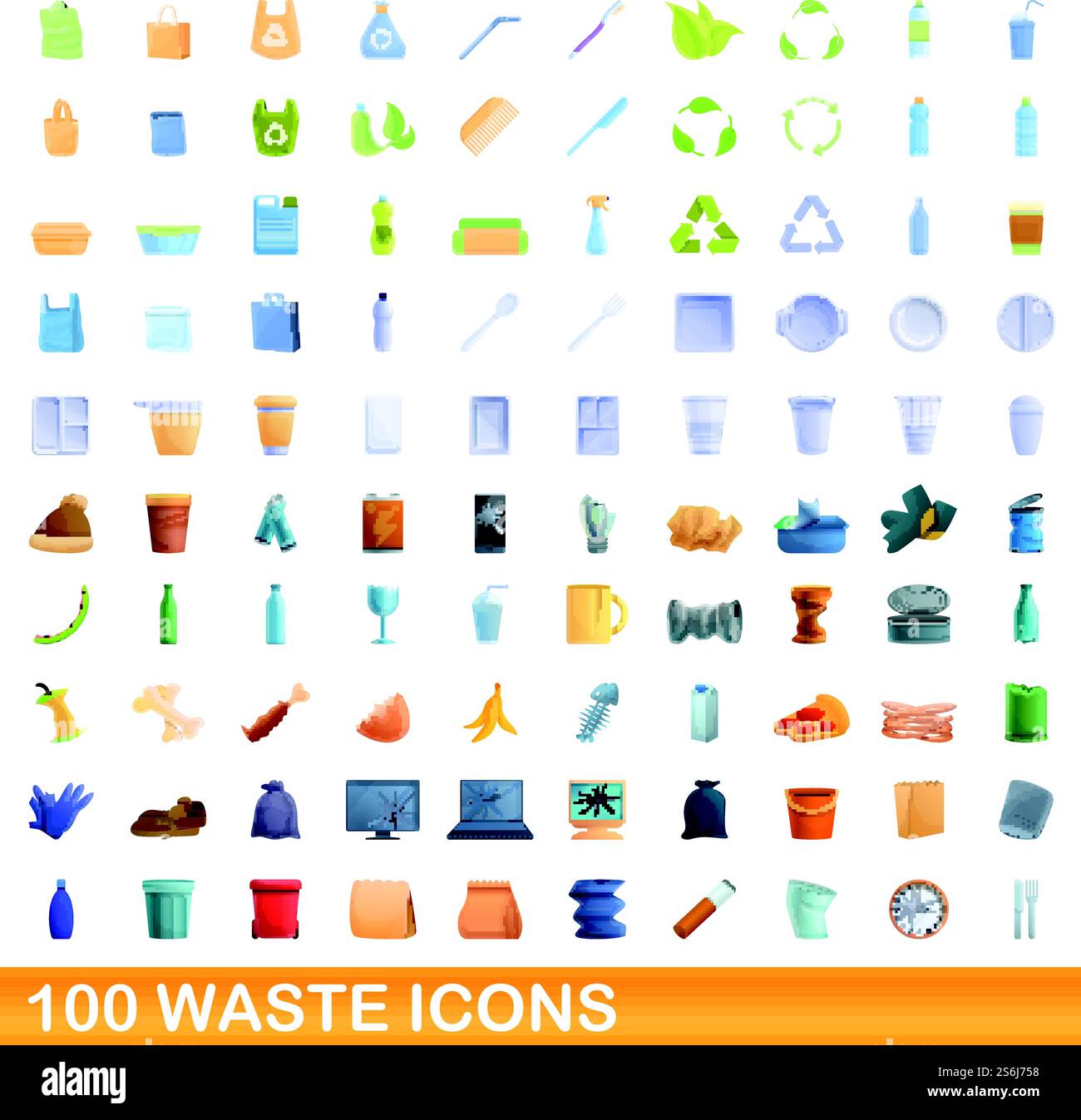 100 waste icons set. Cartoon illustration of 100 waste icons vector set ...