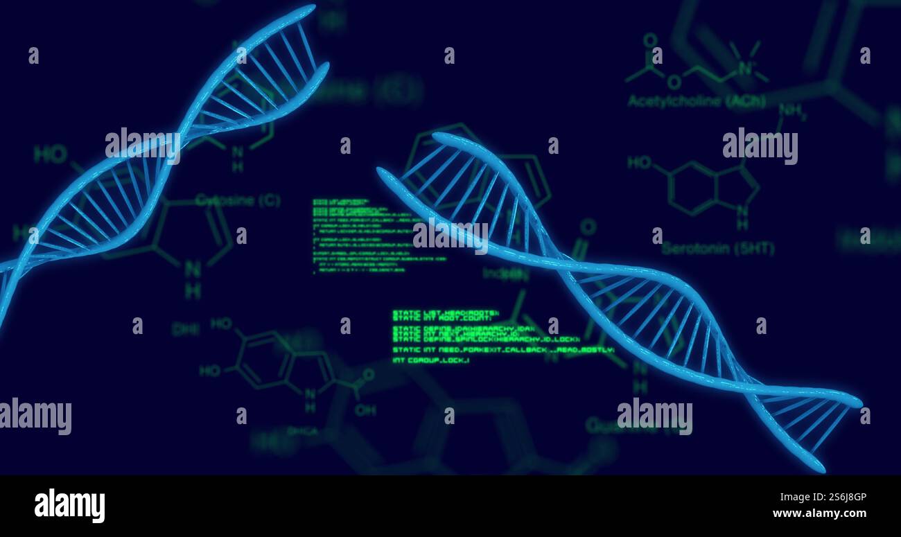 Image of scientific data processing and dna strands over dark ...