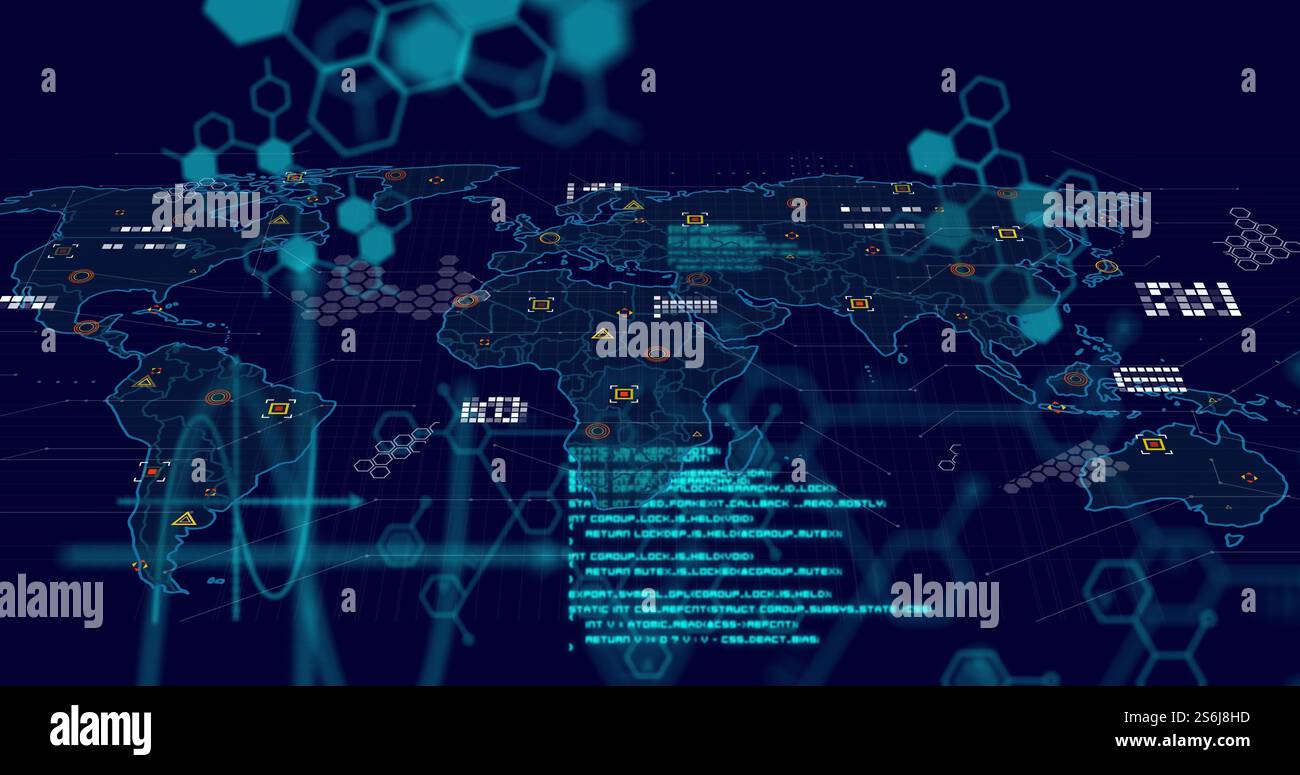 Image of scientific data processing and world map over dark background ...