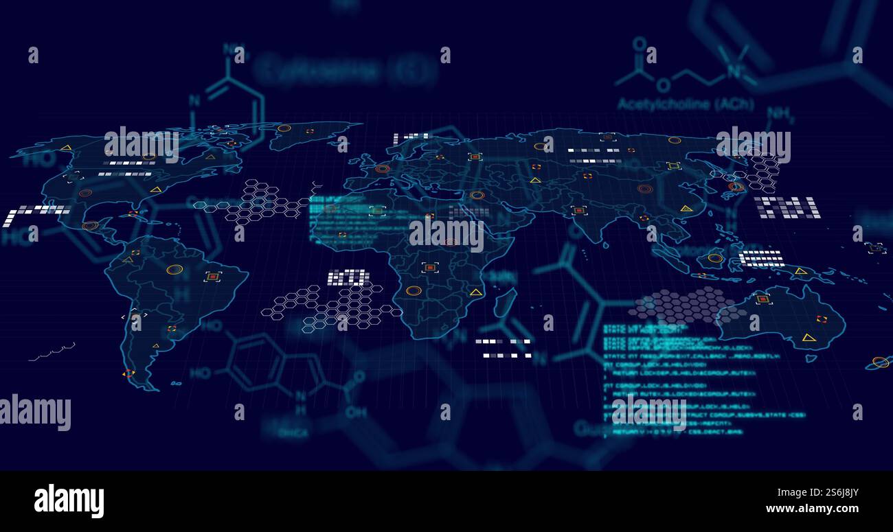 Image of scientific data processing and world map over dark background ...