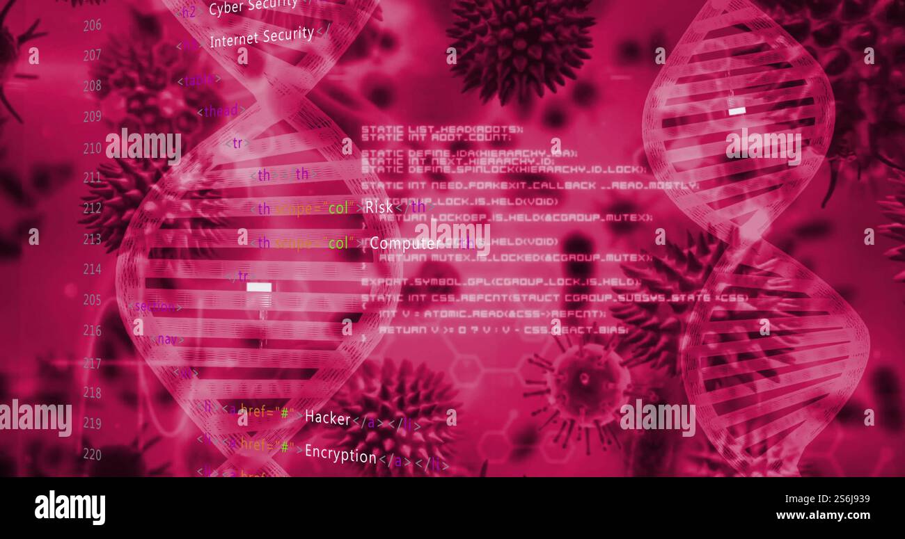 Image of digital data processing, blood cells over dna strands spinning ...