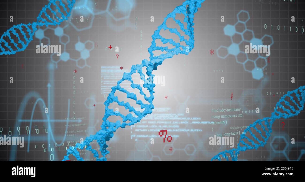 Image of digital data processing over dna strands spinning Stock Photo ...