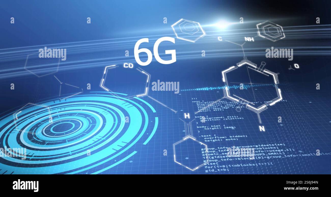 Image of 6g text, scientific data processing over blue background Stock Photo - Alamy