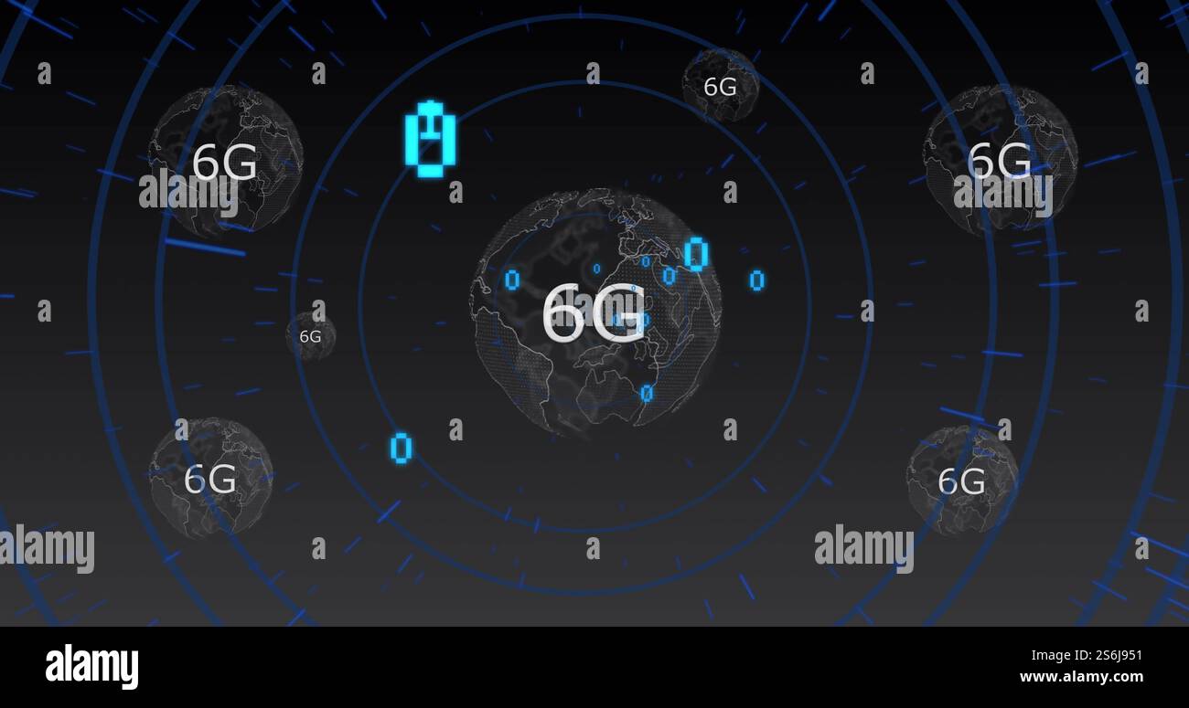 Image of 6g text, binary coding digital data processing over globe Stock Photo - Alamy