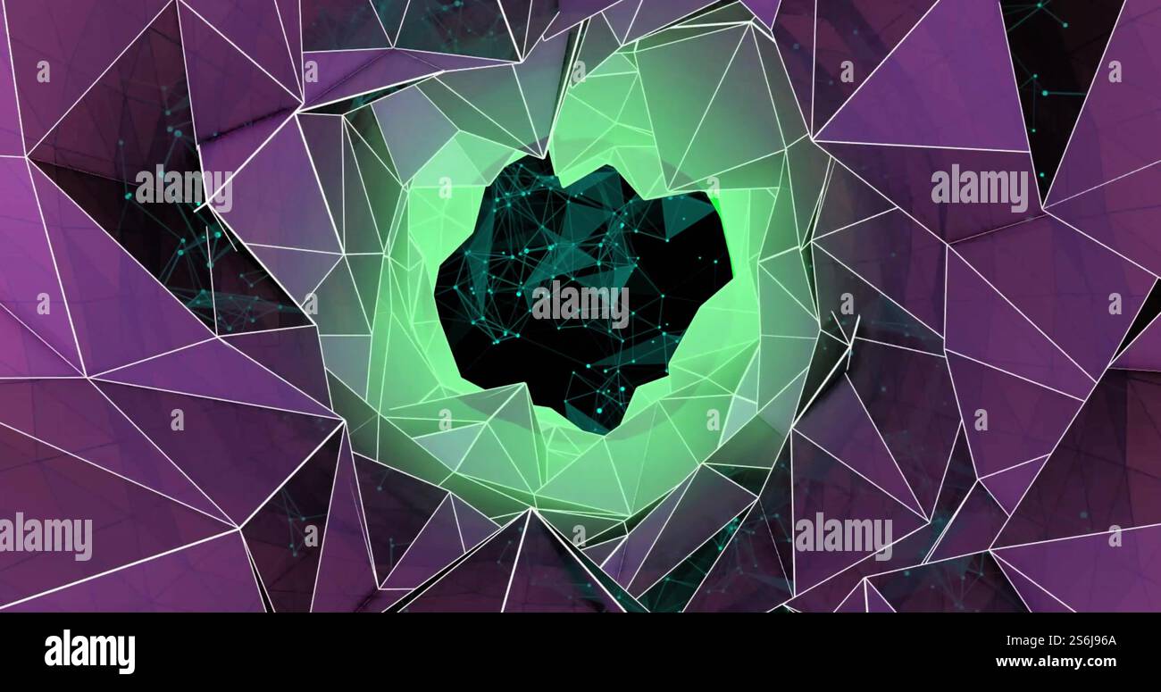 Image of shapes and network of connections on black background Stock ...