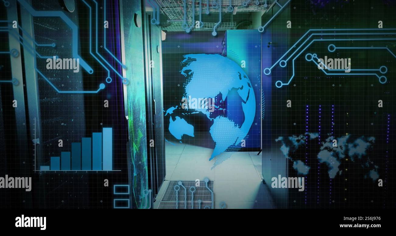Image of globe with circuit board and digital data processing over computer servers Stock Photo ...