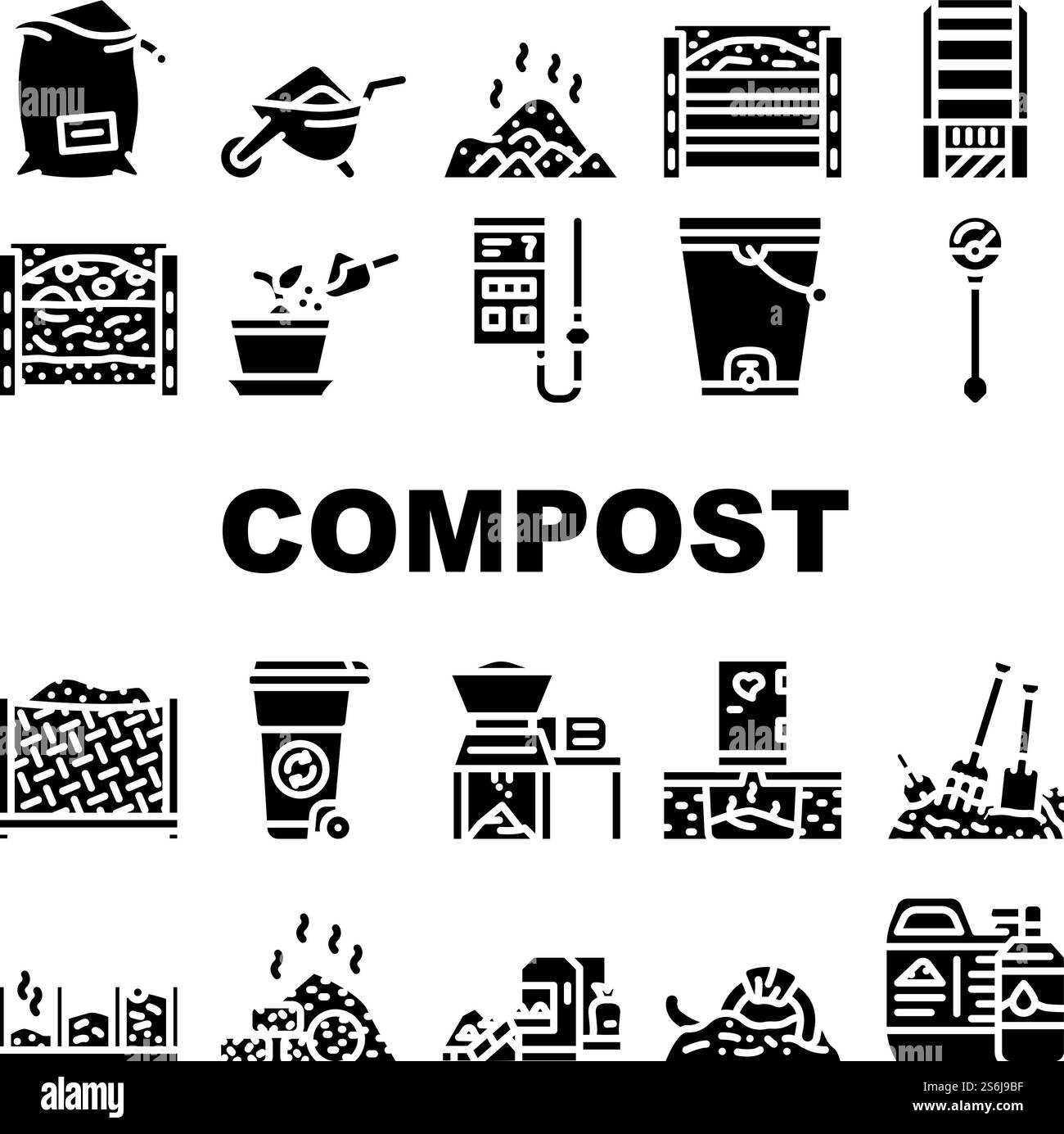 Compost Production Collection Icons Set Vector. Worms In Compost And ...