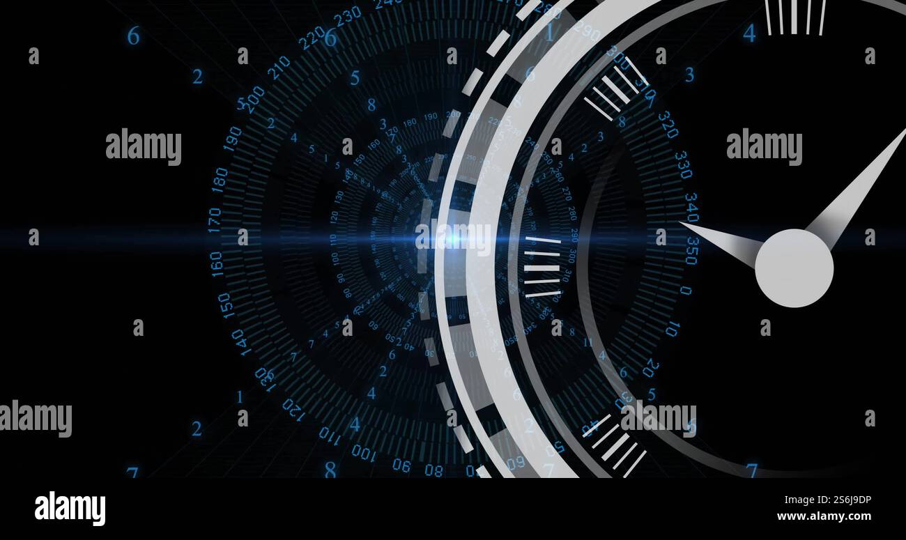 Image of moving clock over data processing on black background Stock ...
