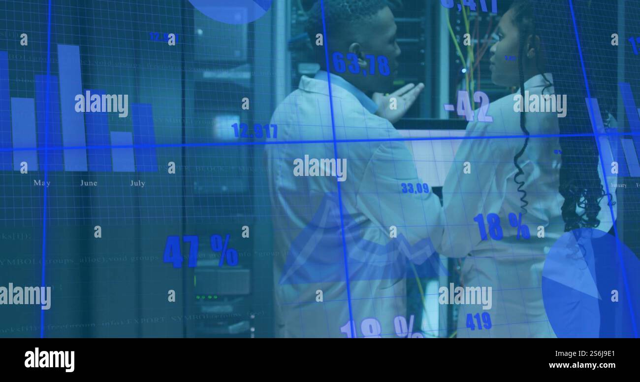 Image of diagrams and data processing over biracial workers in server room Stock Photo - Alamy