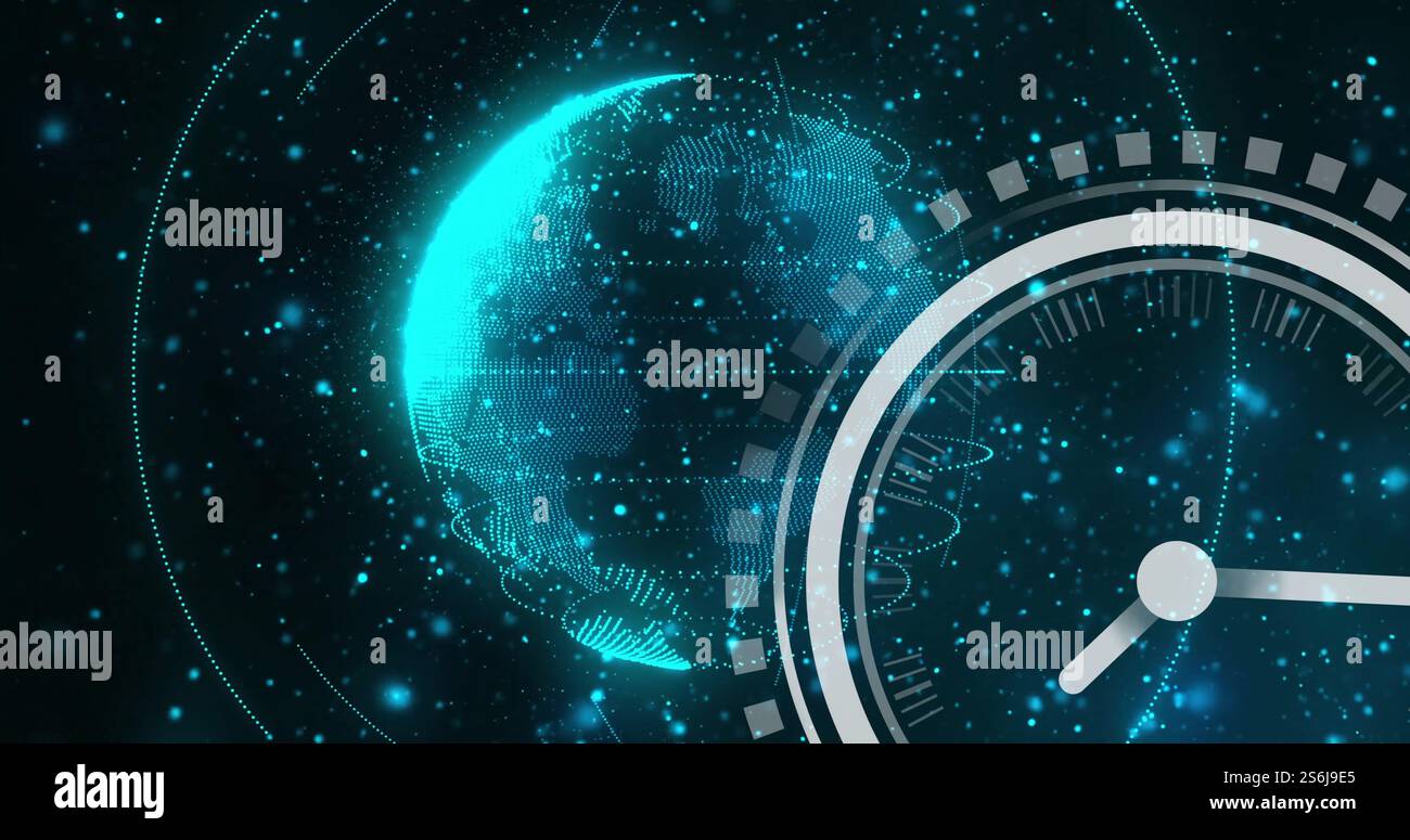 Image of moving clock over globe and light spots on black background ...