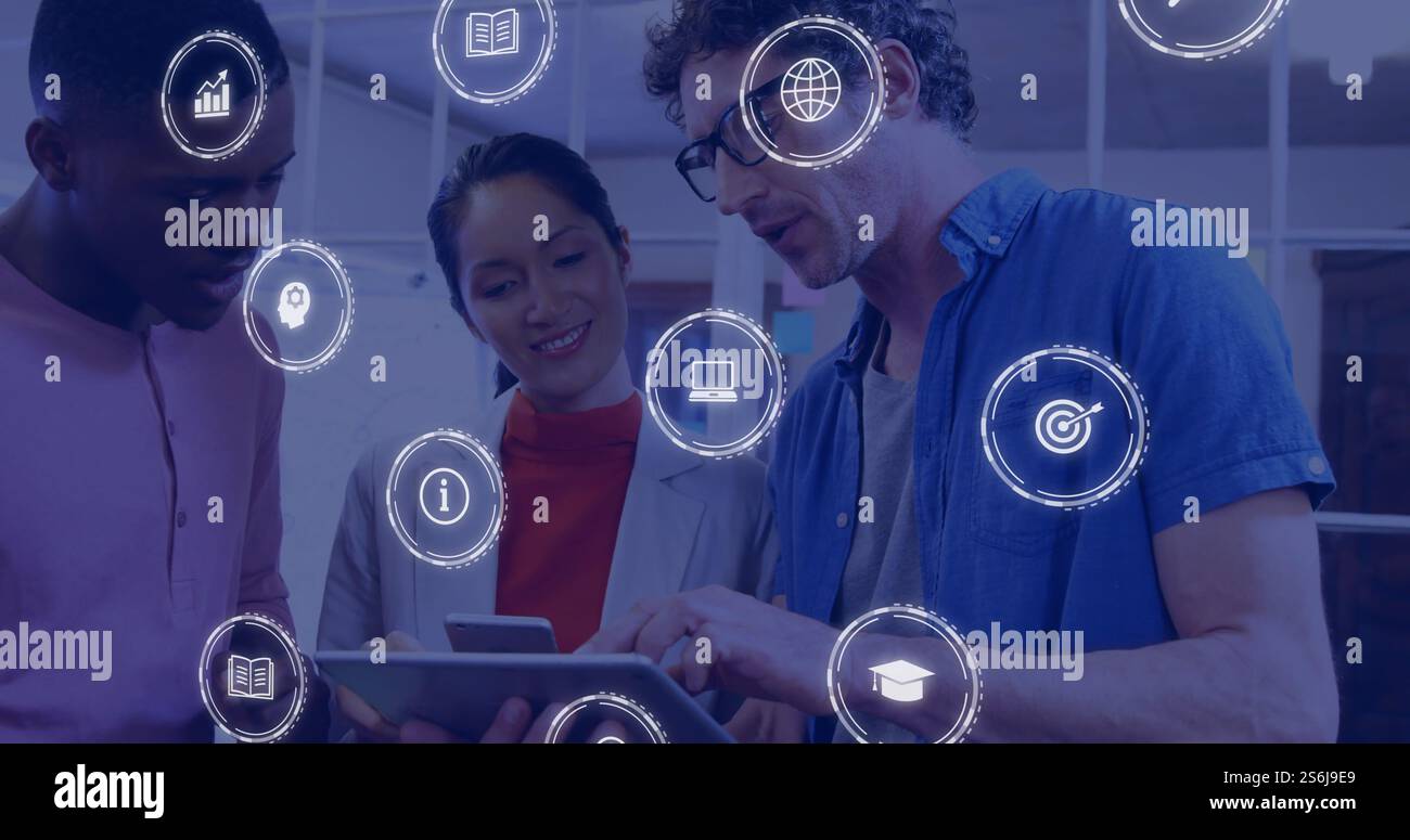 Image of 5g text and digital icons processing over diverse people using ...