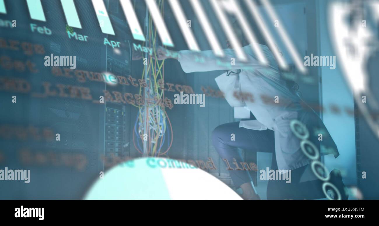 Image of diagrams and data processing over biracial female worker in server room Stock Photo - Alamy