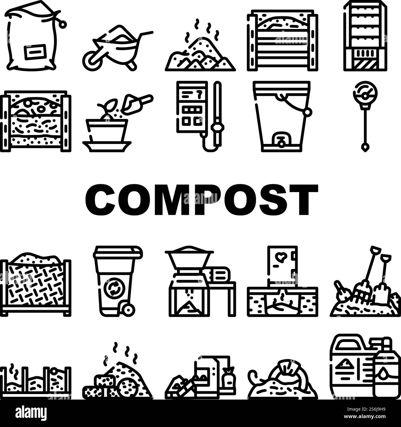 Compost Production Collection Icons Set Vector. Worms In Compost And ...