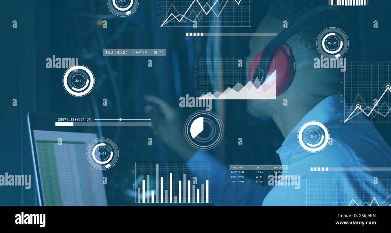 Image of diagrams and data processing over biracial male worker in server room Stock Photo - Alamy