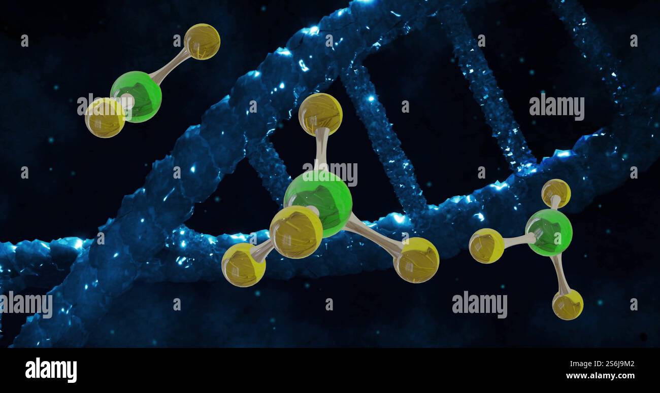 Image of dna strand spinning and molecules on black background Stock ...