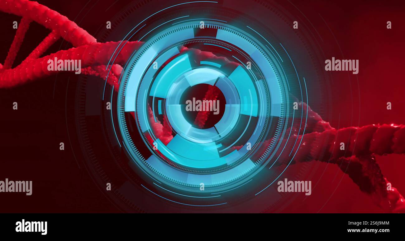 Image of dna strand spinning and scope scanning on red background Stock ...