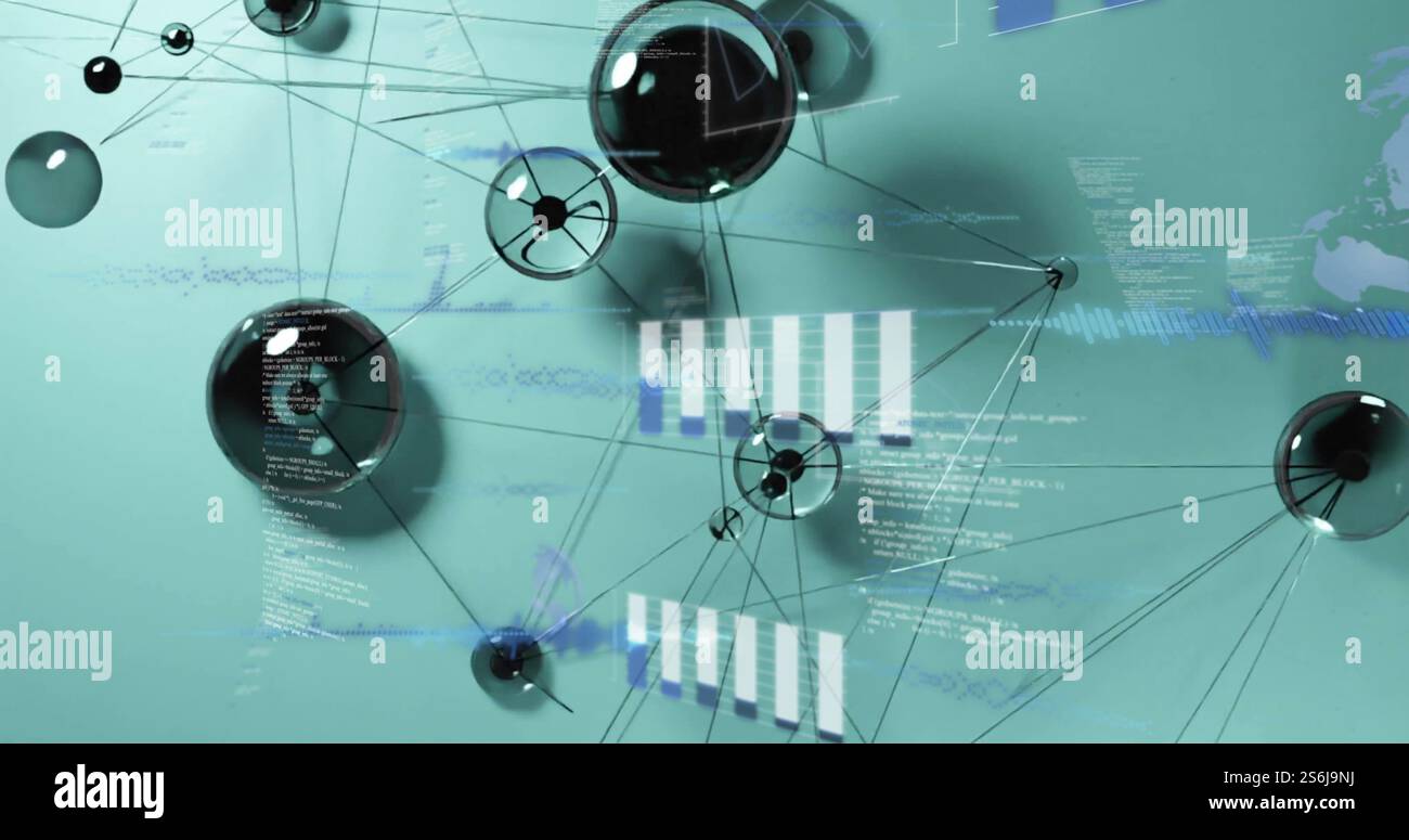 Image of connections and data processing on green background Stock ...