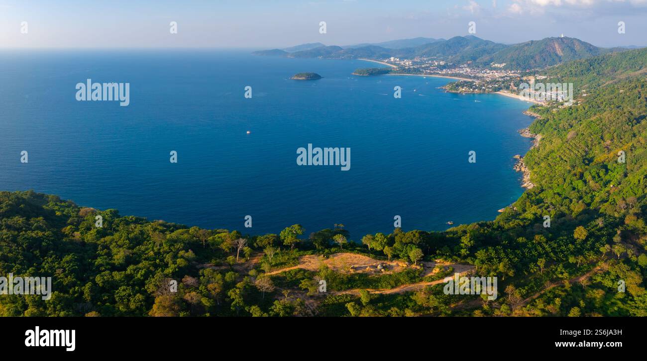 Aerial View of Coastal Area with Forest, Bay, and Town in Phuket Stock ...