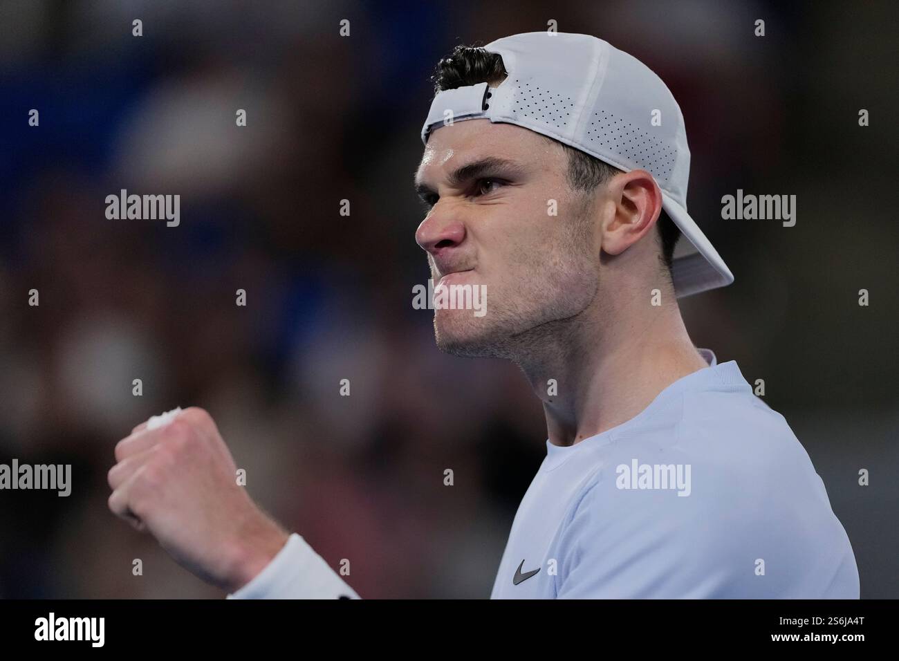 Jack Draper of Britain reacts after winning a point against Aleksandar ...