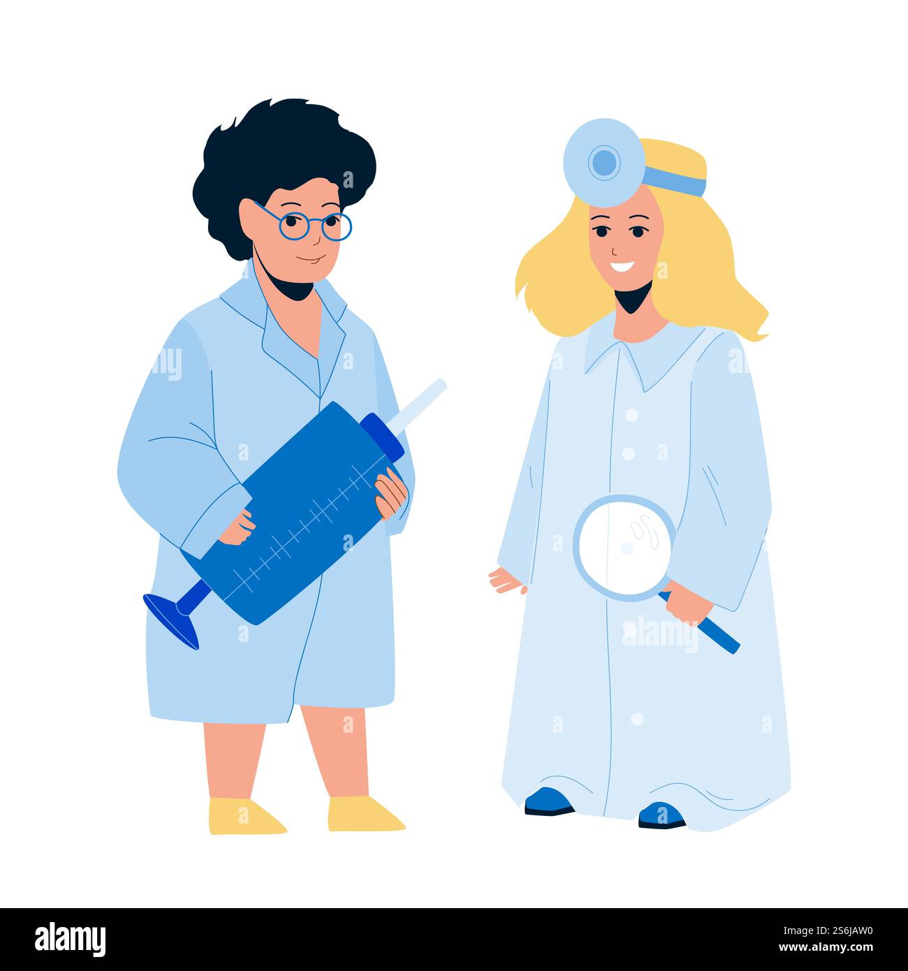 Children Doctors Boy And Girl Play Together Vector. Children Doctors In ...