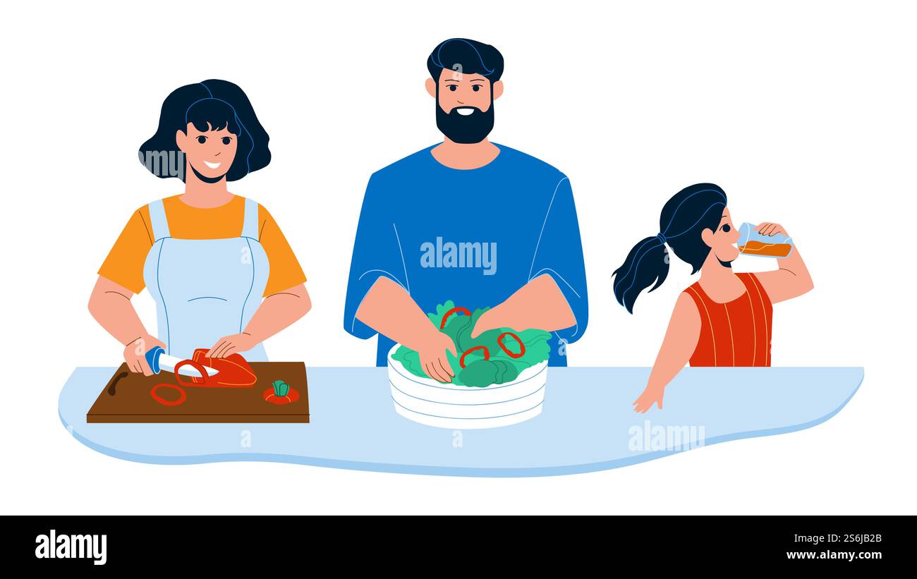 Kitchen Breakfast Preparing Family Together Vector. Mother Cutting ...
