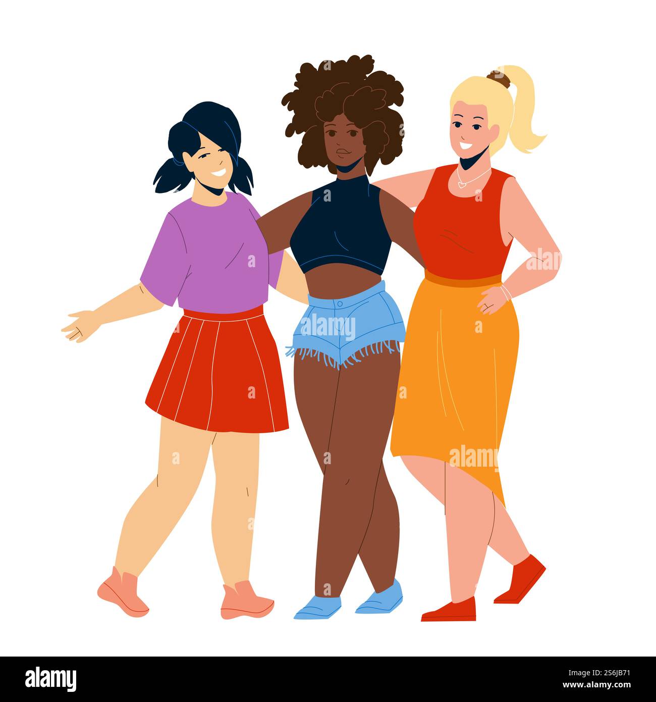 Diverse People Women Embracing Together Vector. Multiracial Caucasian ...